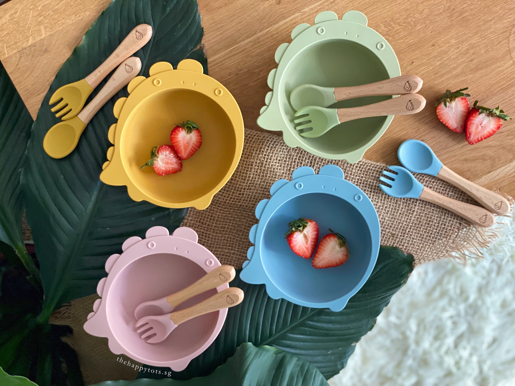 Chompy Dinosaur Bowl & Cutlery Set - Sage | Giftr - Singapore's Leading ...