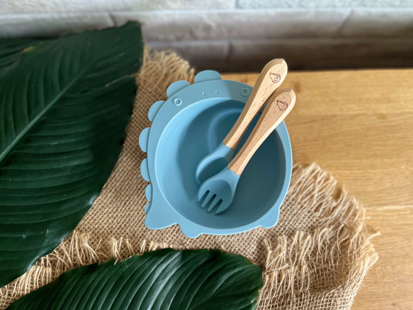 Chompy Dinosaur Bowl & Cutlery Set - Baby Blue | Giftr - Singapore's ...