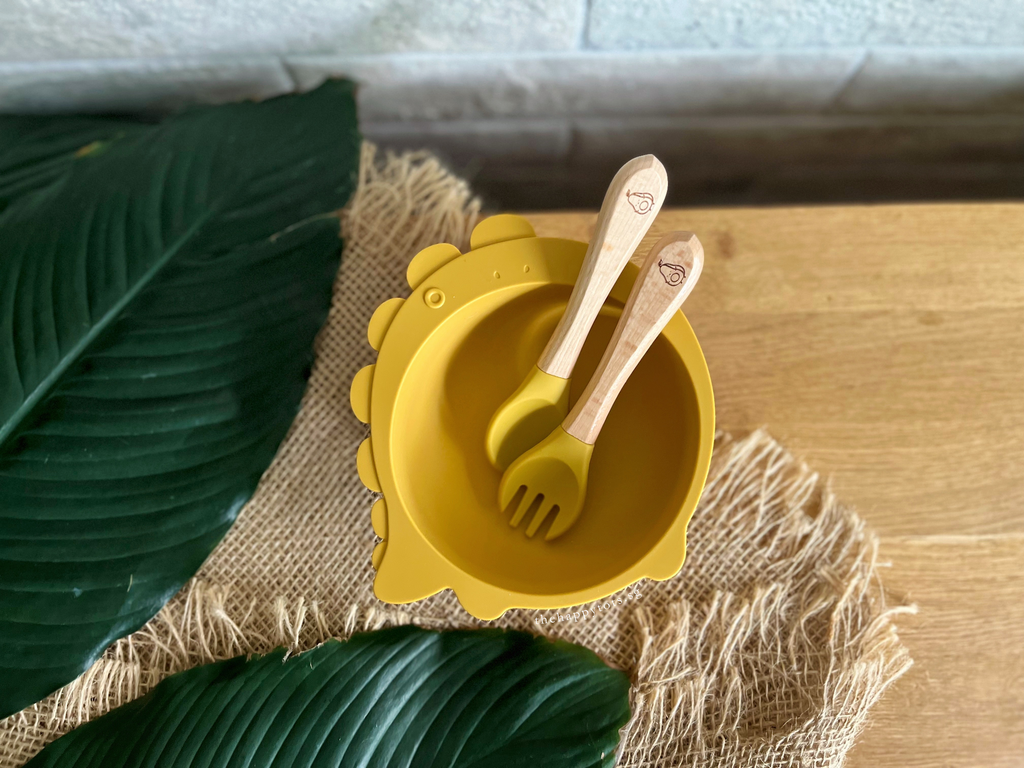 Chompy Dinosaur Bowl & Cutlery Set - Mustard | Giftr - Singapore's ...