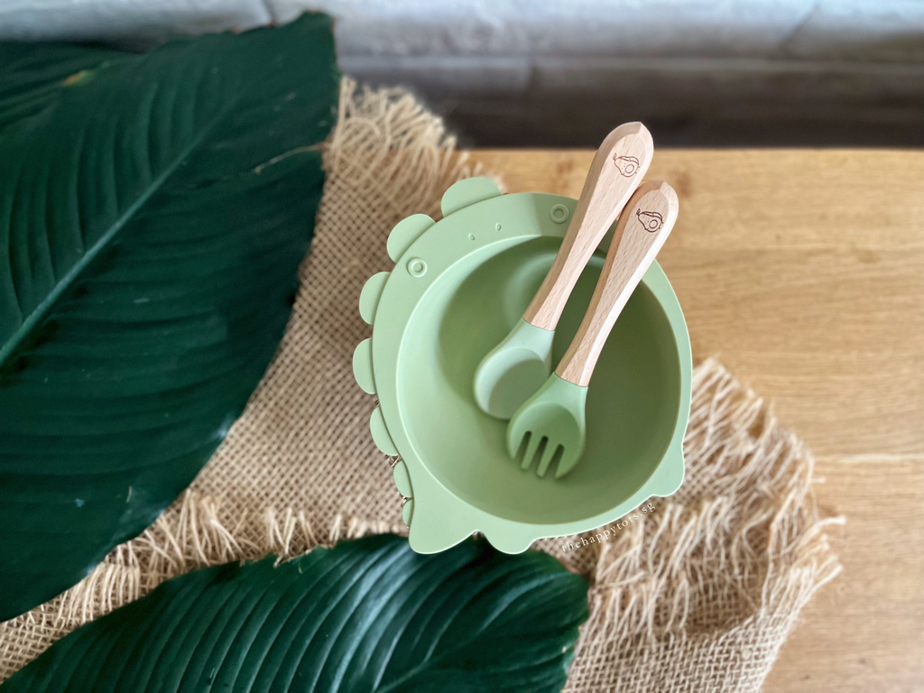 Chompy Dinosaur Bowl & Cutlery Set - Sage | Giftr - Singapore's Leading ...