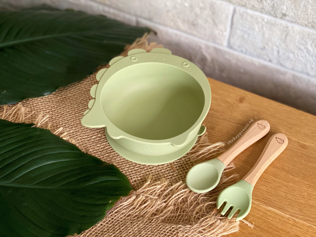 Chompy Dinosaur Bowl & Cutlery Set - Sage | Giftr - Singapore's Leading ...